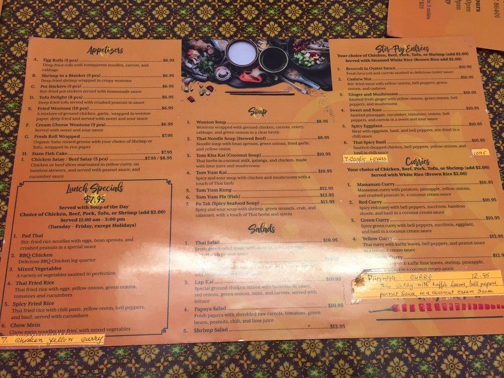Menu at Thai 66 restaurant, Kingman