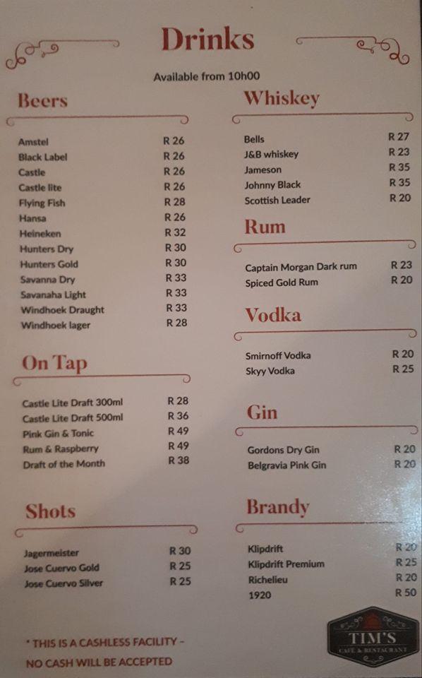 Menu at Tim’s Cafe, Benoni