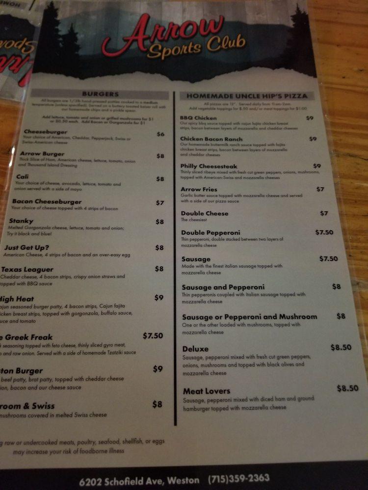 Menu at Arrow Sports Club, Weston