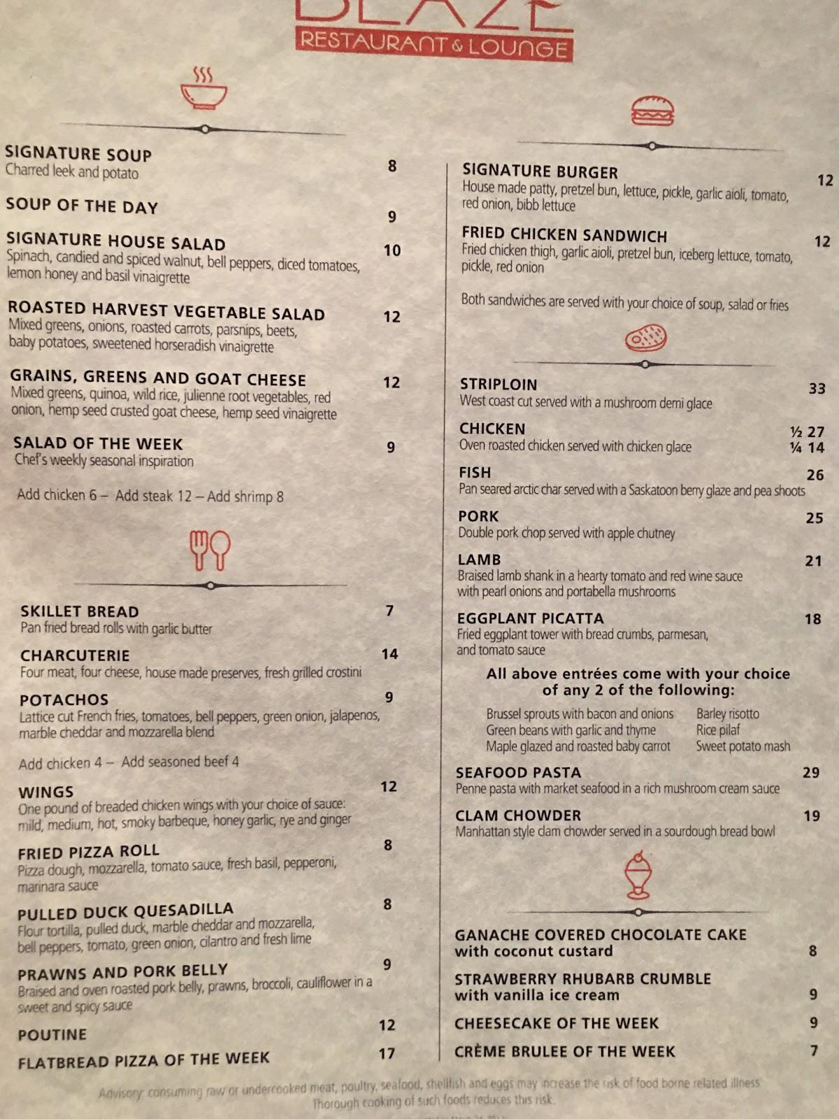 Menu at Blaze Bistro and Lounge steakhouse, Winnipeg