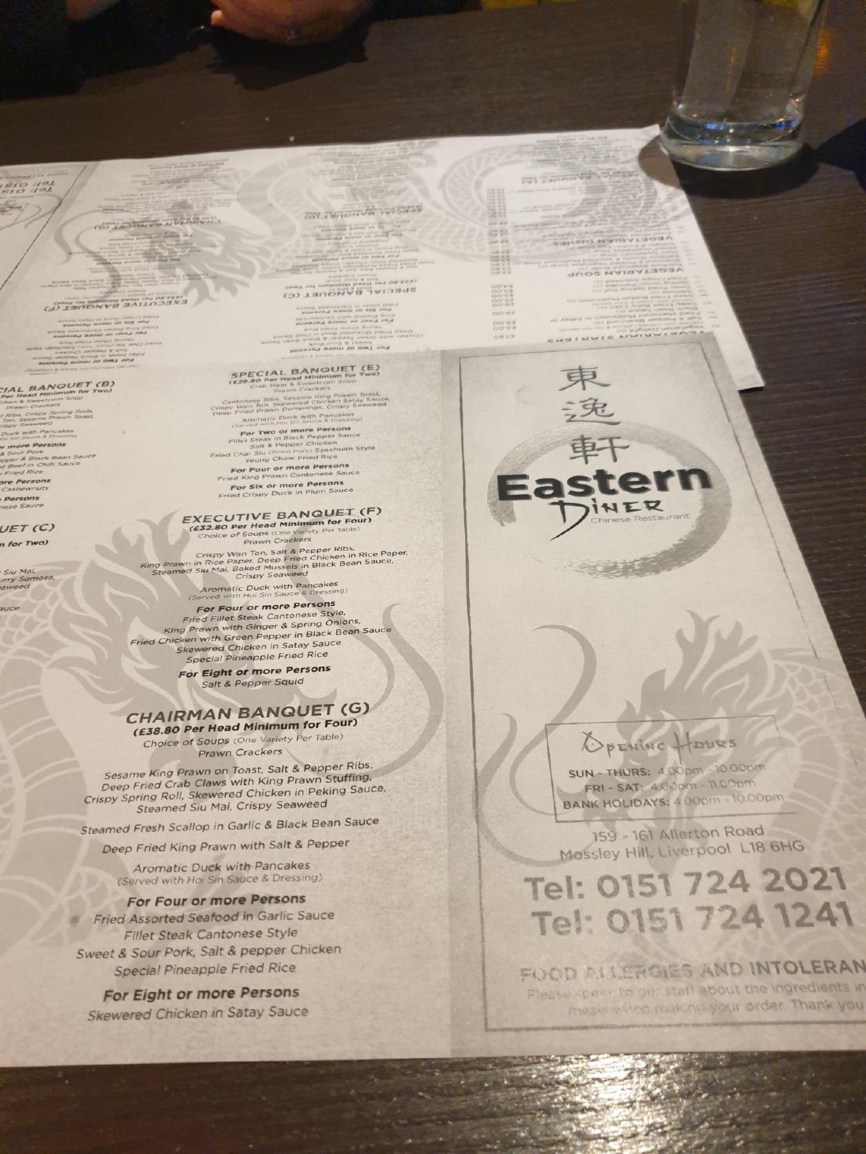 Menu at Eastern Diner restaurant, Liverpool