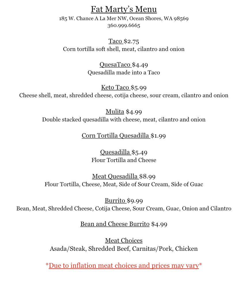 Menu at Fat Marty's restaurant, Ocean Shores