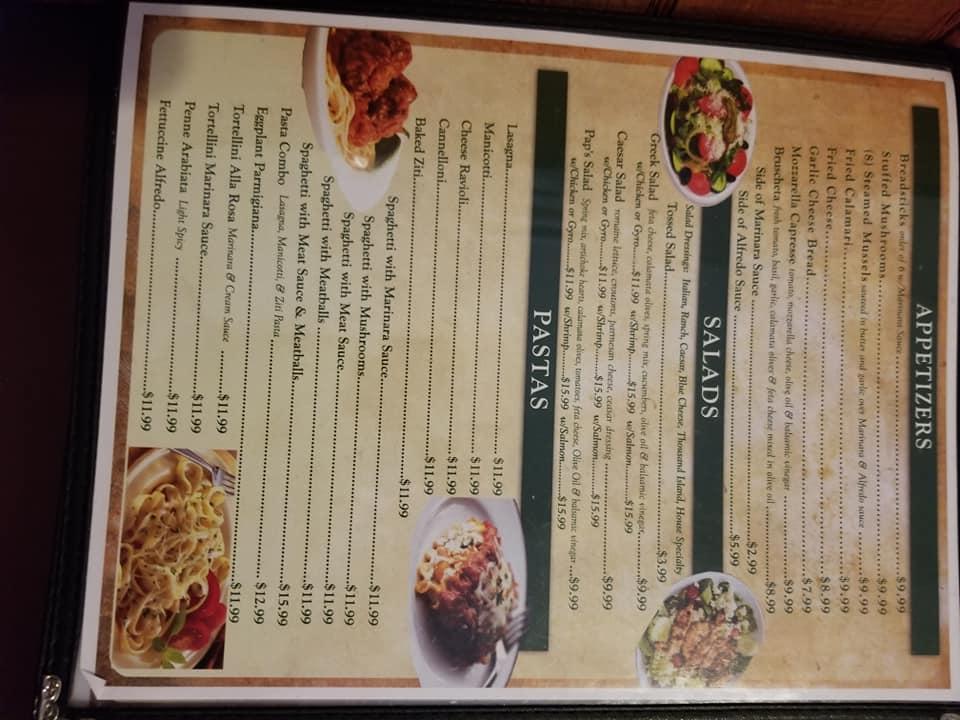 Menu at Pap's Italian Grill restaurant, Bandera, 632 TX-16
