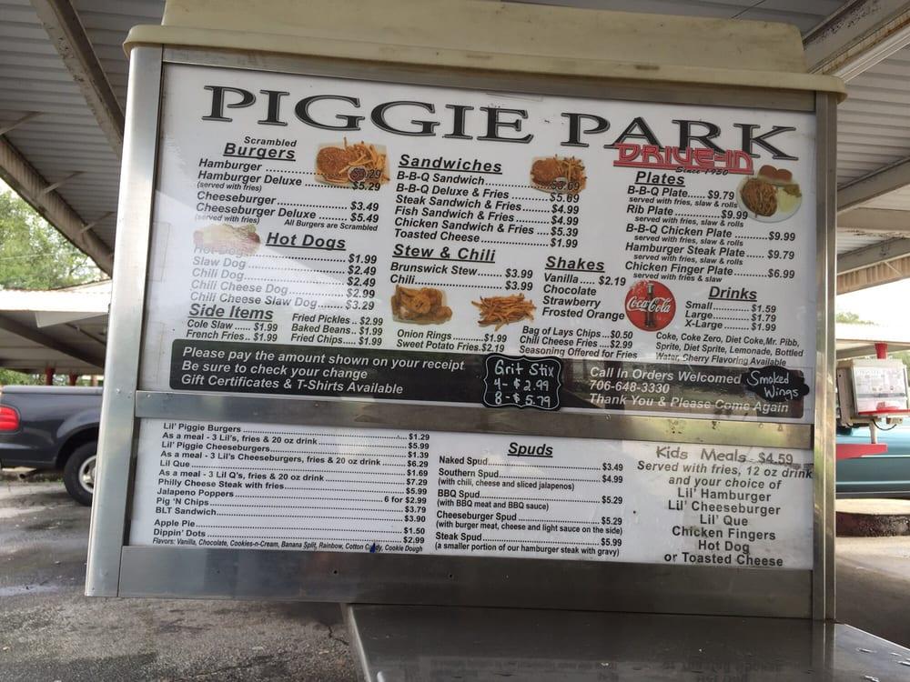 Menu at Piggie Park fast food, Thomaston, US-19