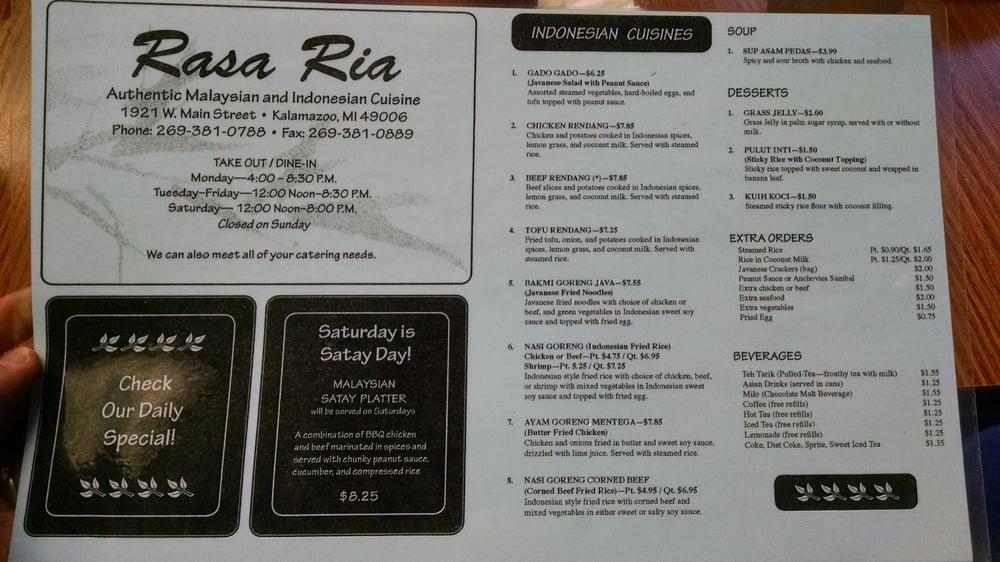 Menu at Rasa Ria restaurant, Kalamazoo