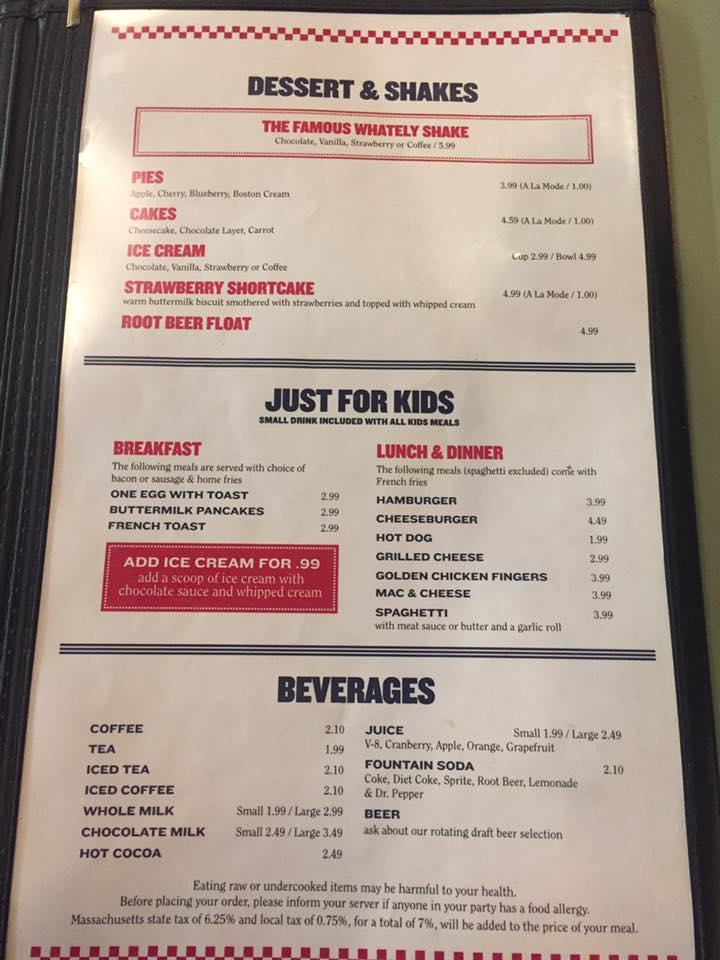 Menu at Whately Diner restaurant, Whately
