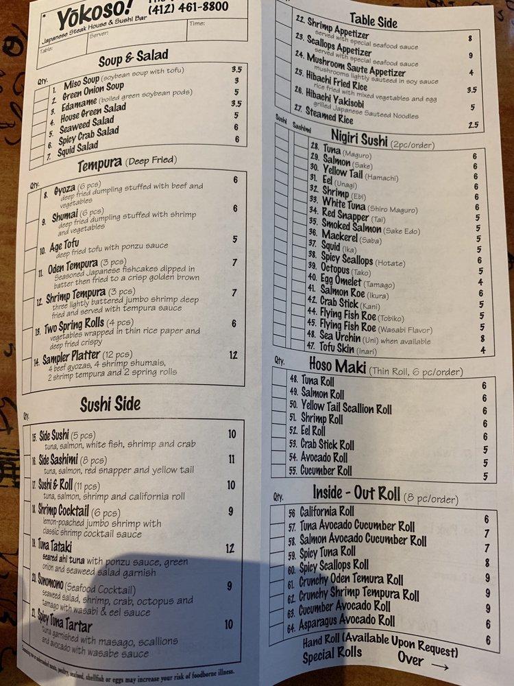 Menu at Yokoso Japanese Steak House restaurant, Homestead