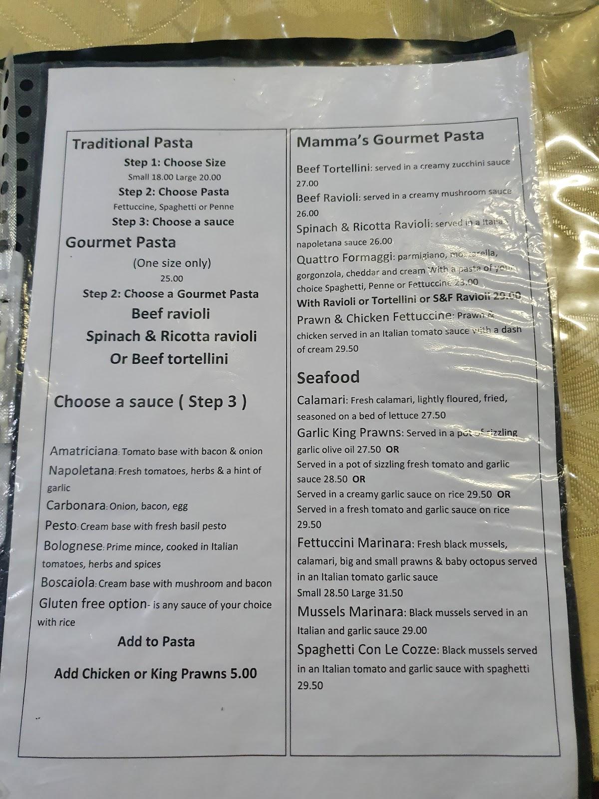 Menu at Amalfi Pizzeria, Coffs Harbour