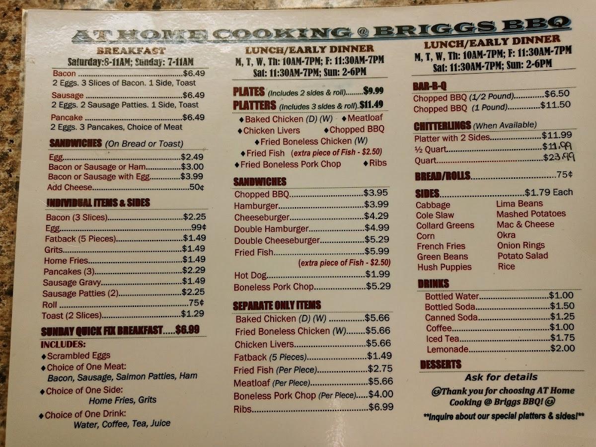 Menu at Briggs Bar-B-Que & Grill, Yanceyville, 989 E Main St