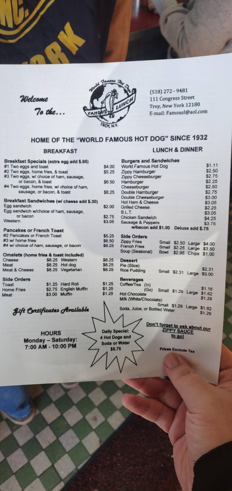 Carta del restaurante Famous Lunch, Troy