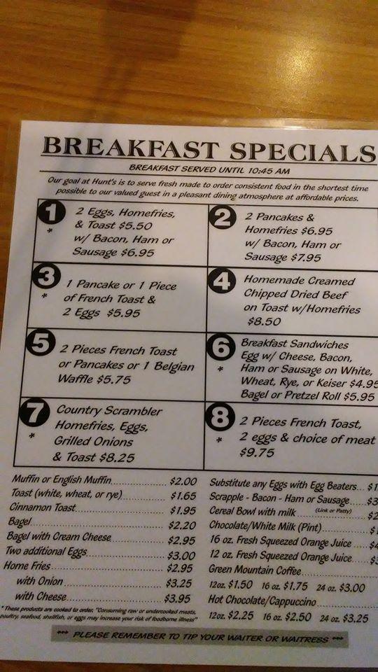 Menu at Hunt's Battlefield Fries cafe, Gettysburg