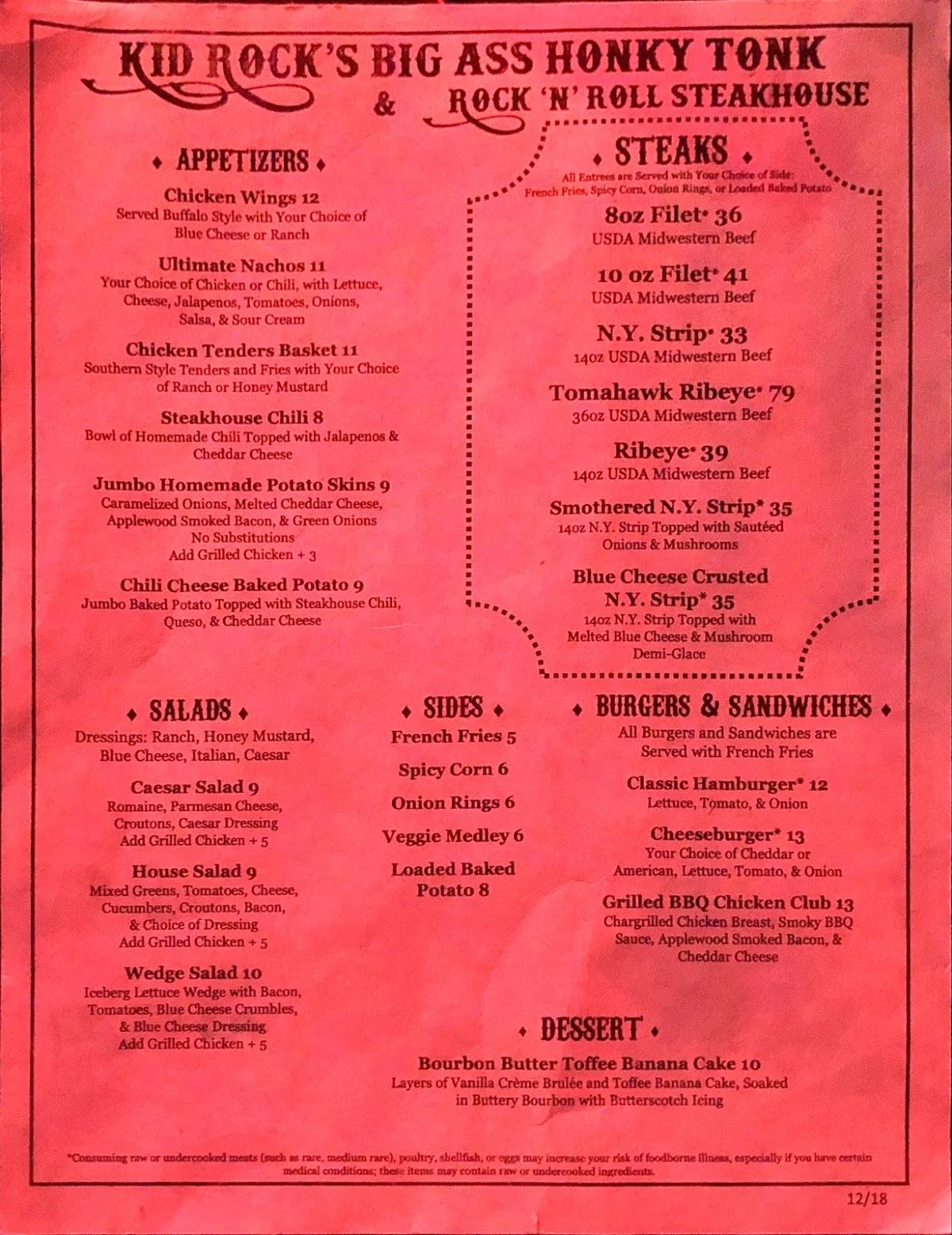 Menu at Kid Rock's Big Ass Honky Tonk Rock N' Roll Steakhouse, Nashville