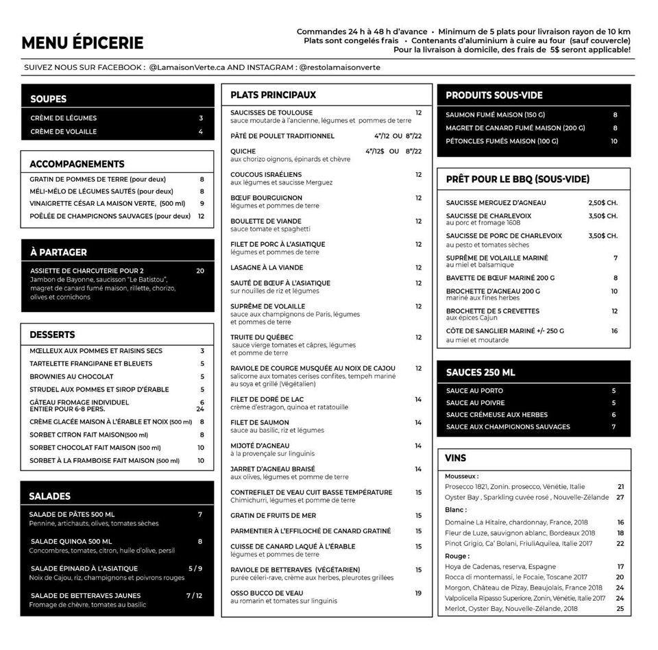 Menu at La Maison Verte restaurant, Montreal, Boul Gouin O