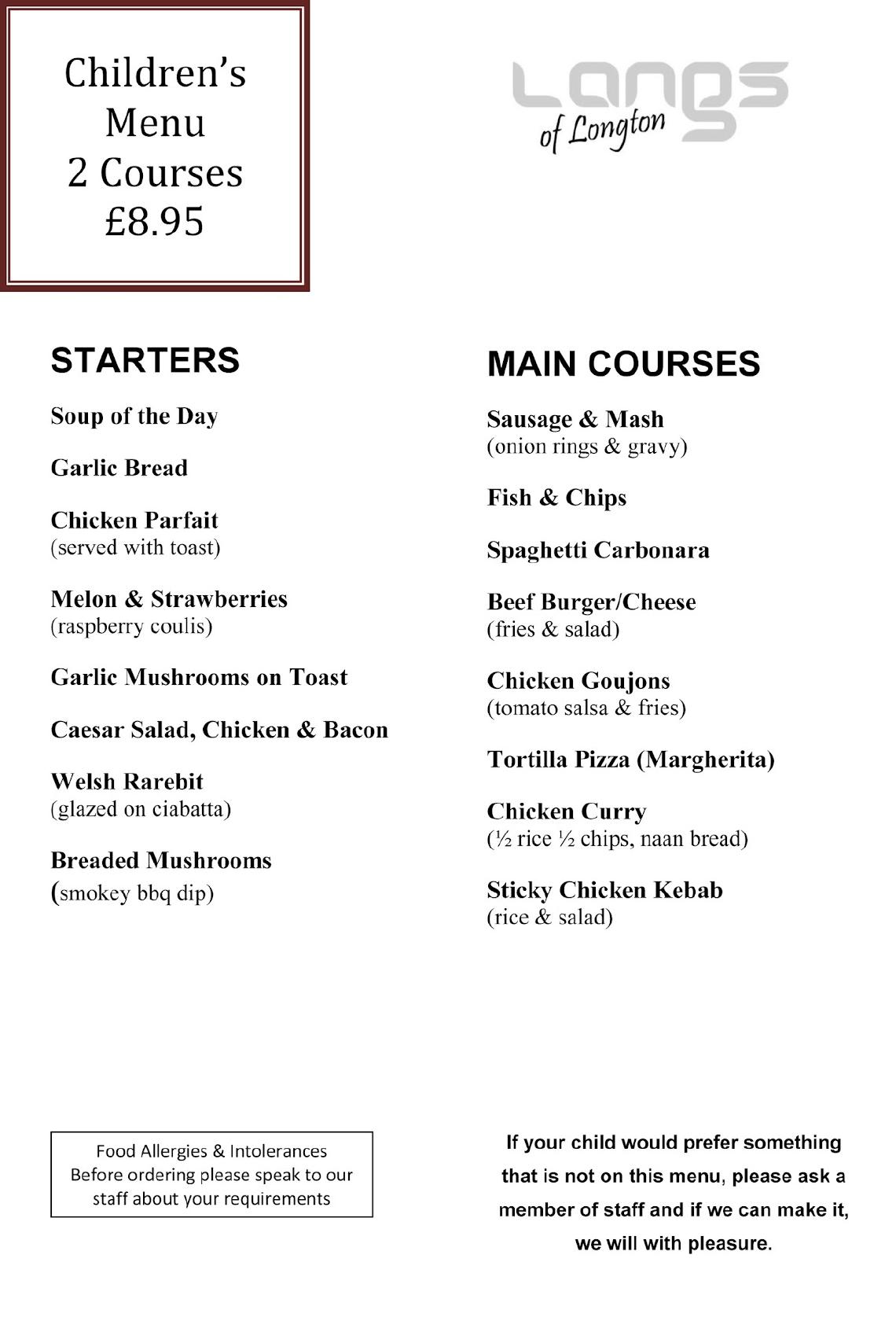 Menu at Lang's Restaurant, Preston