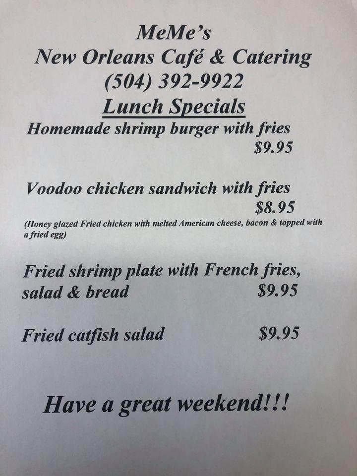 Menu at Meme's New Orleans Cafe, Belle Chasse
