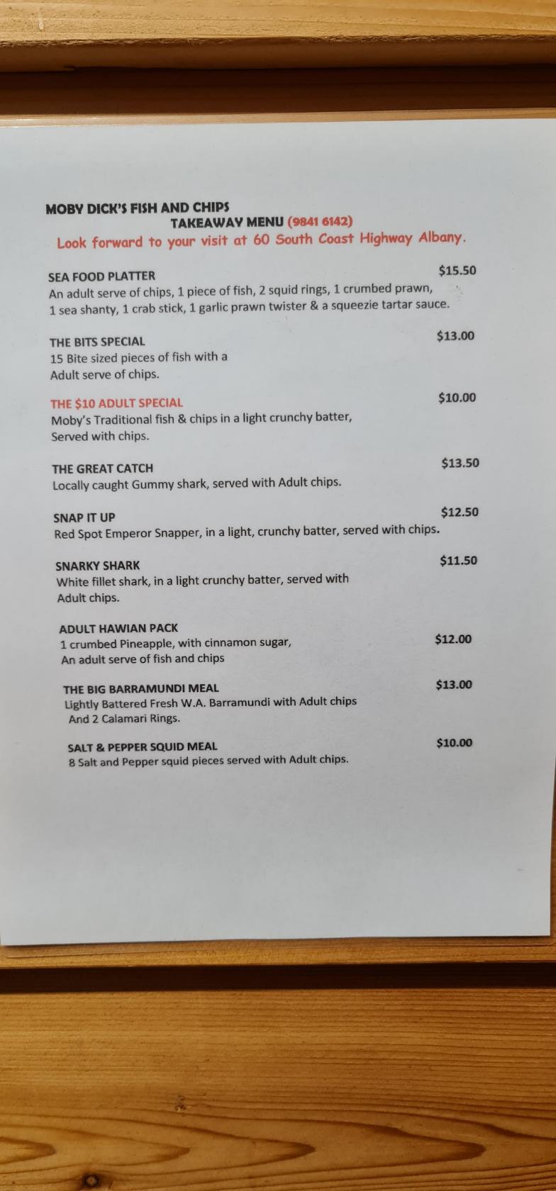 Menu at Moby Dicks Fish and Chips fast food, Orana