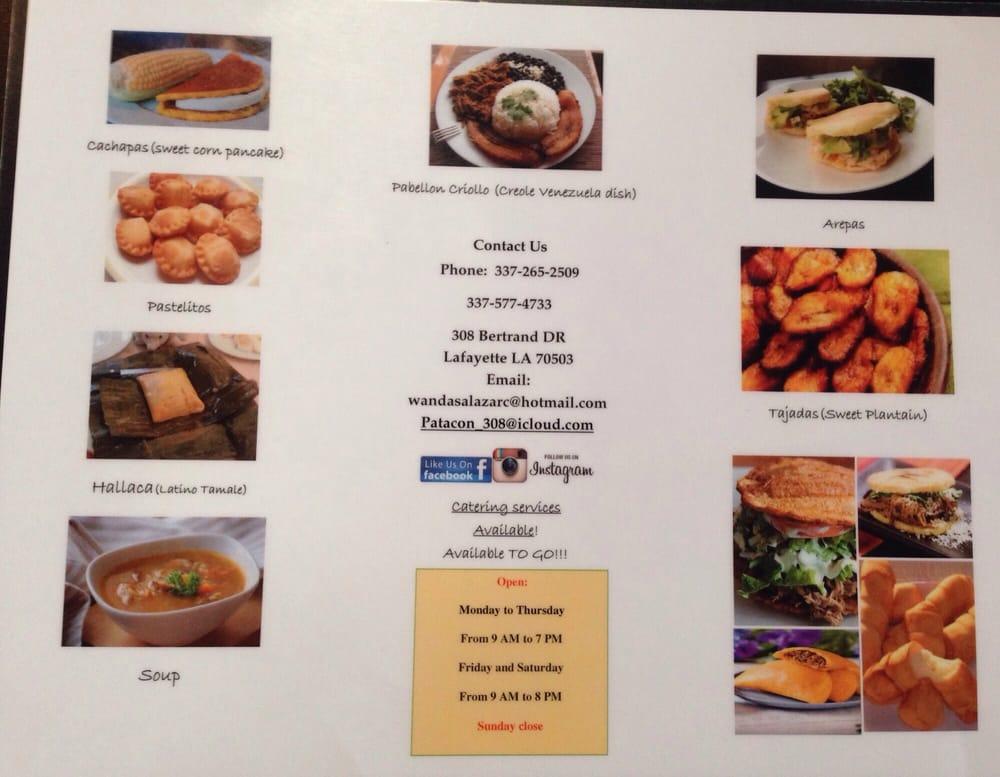 Menu at Patacon Latin Cuisine restaurant, Lafayette