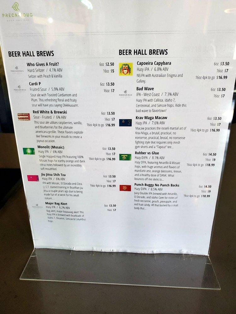 Menu at Precarious Beer Project pub & bar, Williamsburg
