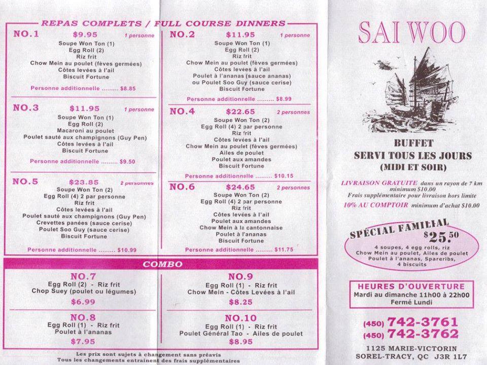 Menu at Restaurant Buffet Sai-Woo, Sorel