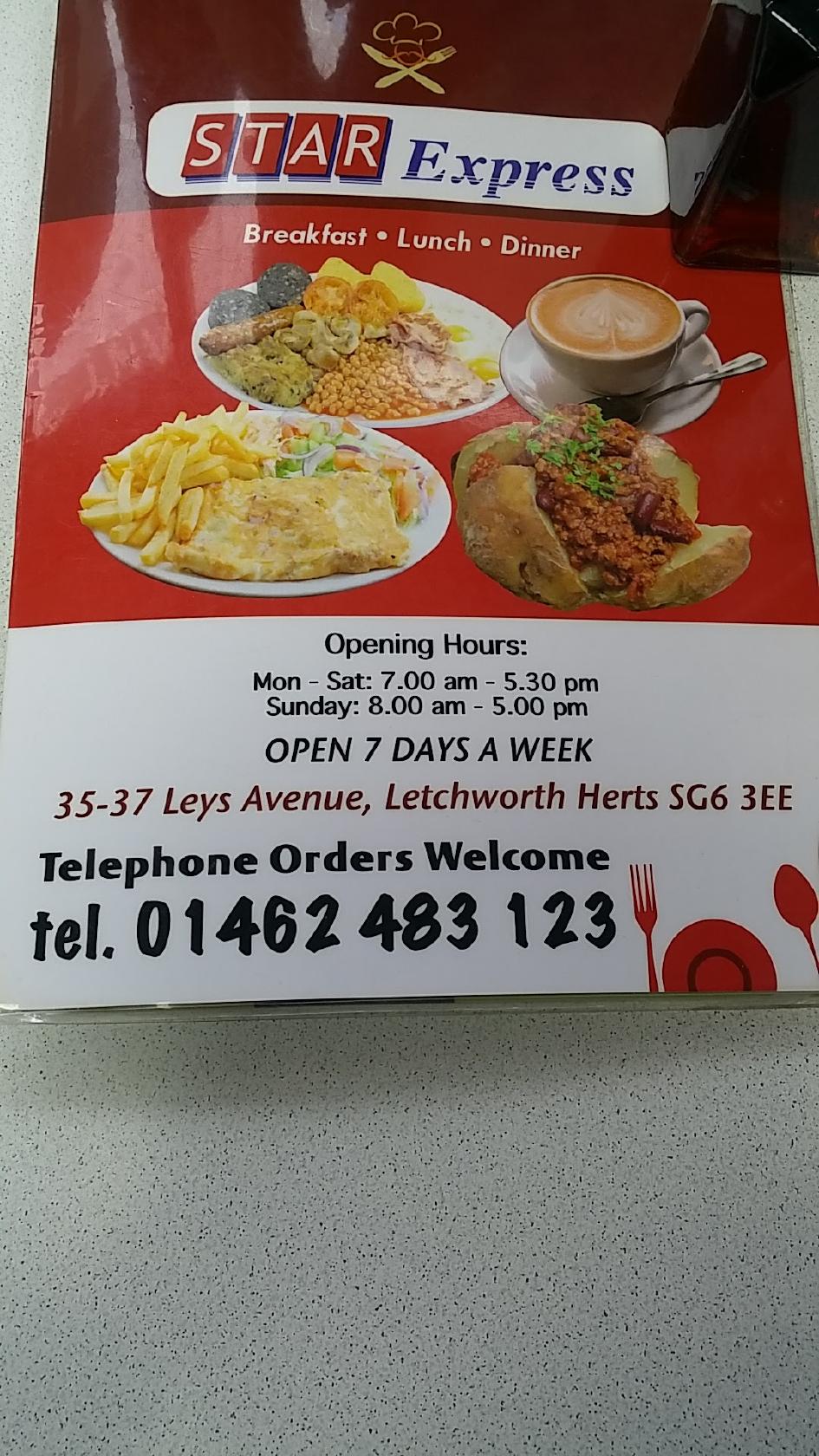Menu at Star Express Cafe, Letchworth Garden City