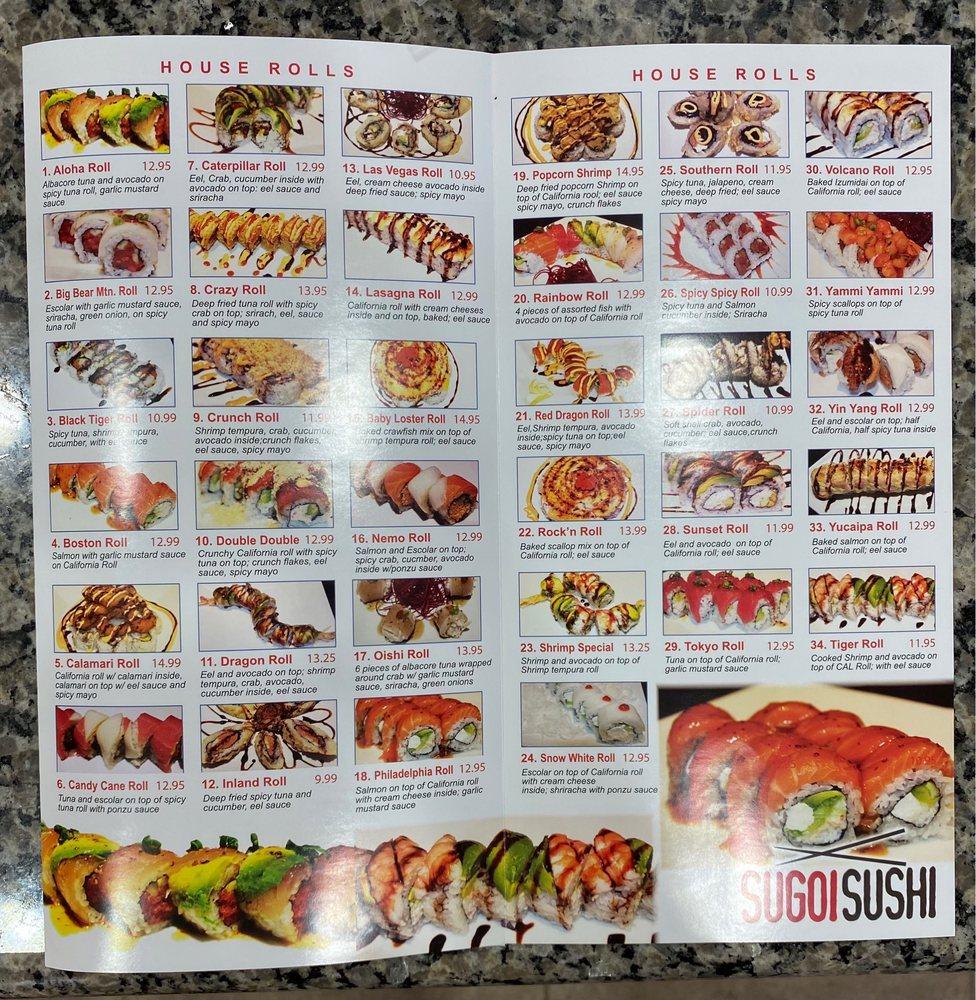 Menu at Sugoi Sushi restaurant, Beaumont