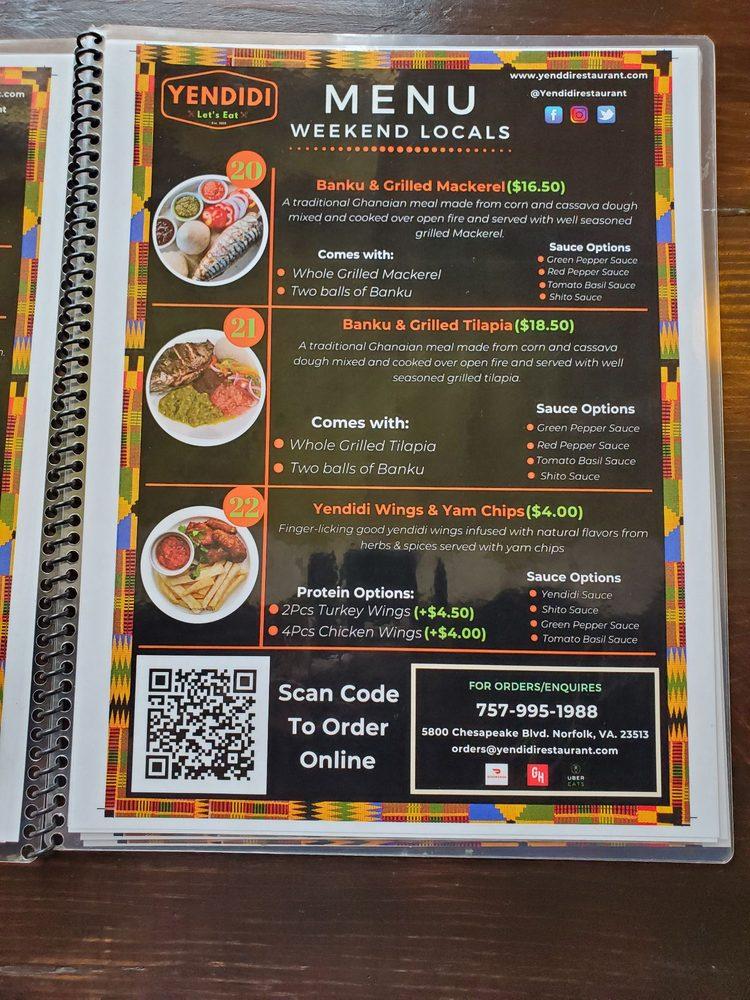 Menu at Yendidi Norfolk restaurant, Norfolk
