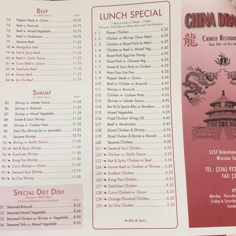 Menu at China Dragon restaurant, Winston-Salem