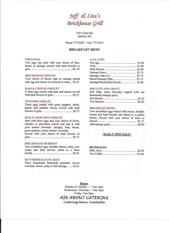 Menu at Jeff N Lisa Brick House Grill restaurant, Sanford