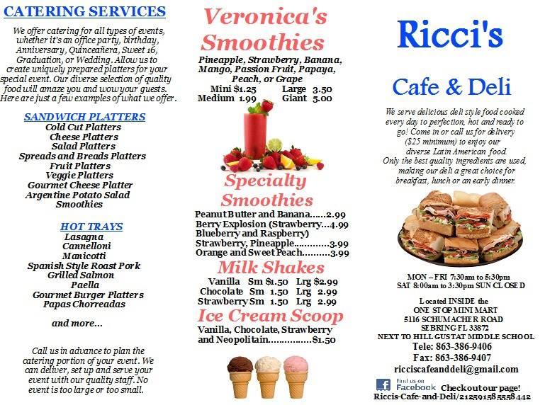 Menu at Ricci's Cafe and Deli, Sebring