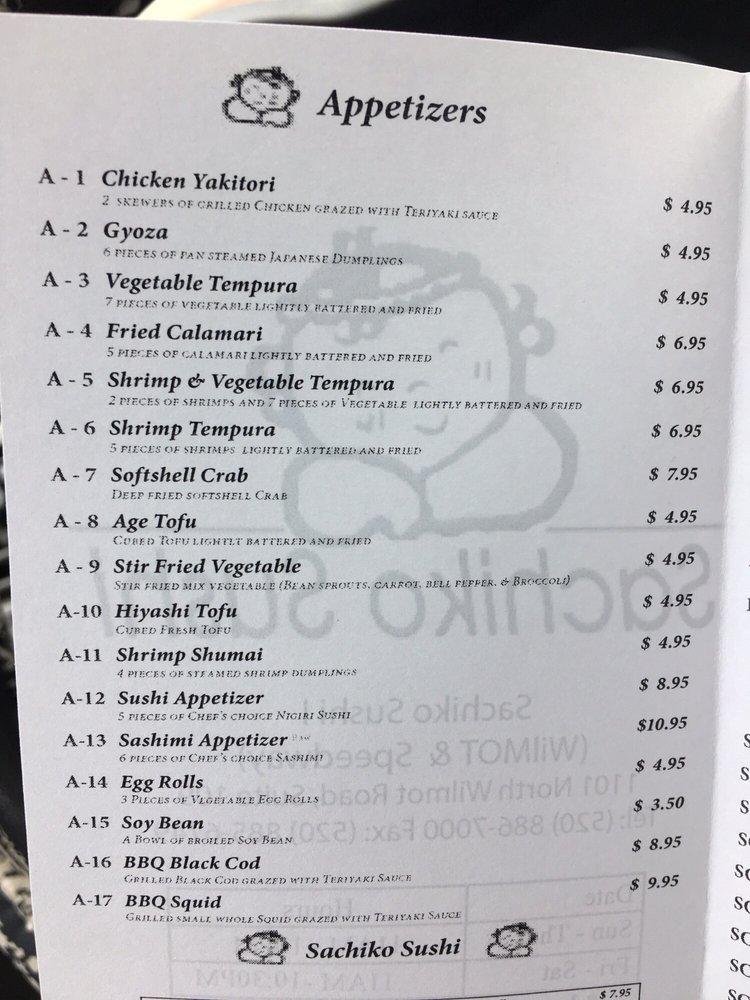 Menu at Sachiko Sushi restaurant, Tucson, N Wilmot Rd