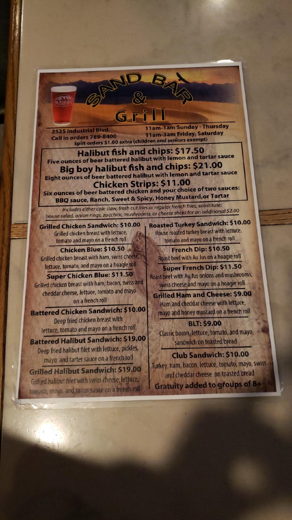 Menu at Sandbar & Grill, Juneau