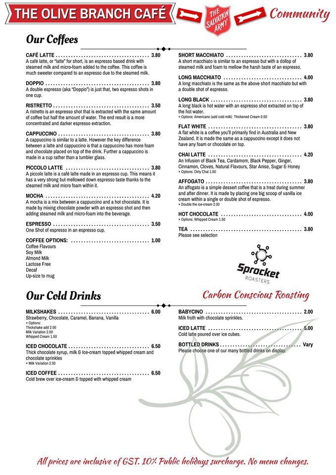 Menu at The Olive Branch Cafe, Hamilton