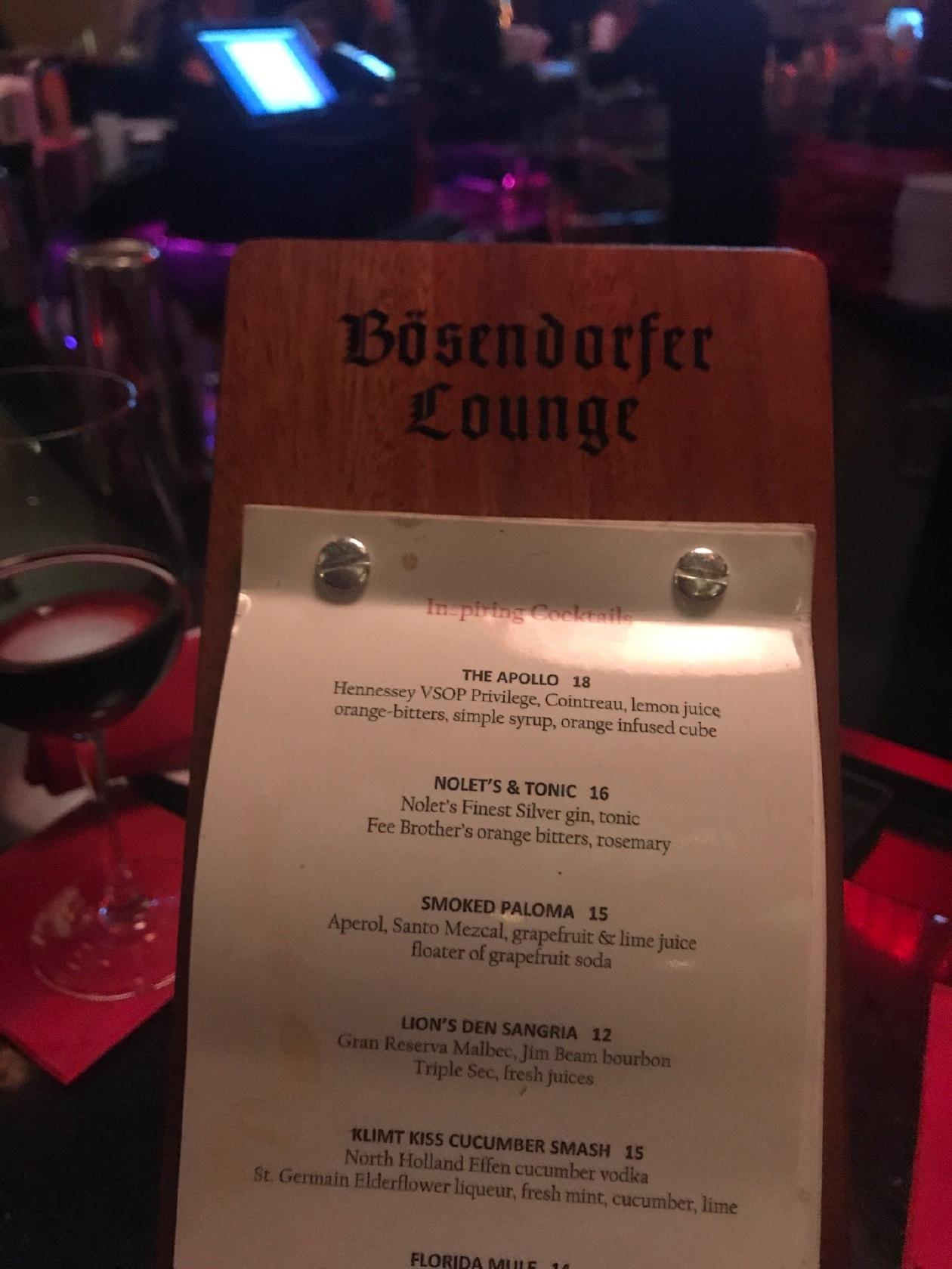 Menu at Bosendorfer Lounge restaurant, Orlando