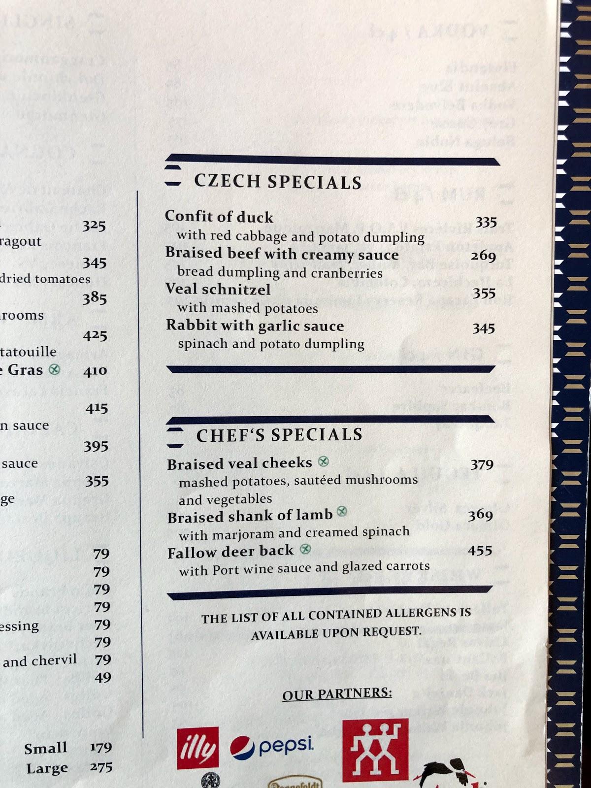 Menu at Café Imperial cafe, Prague