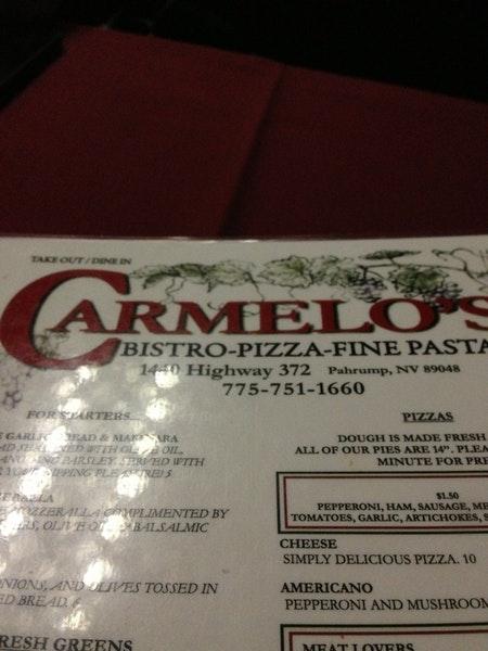 Menu at Carmelo's Bistro pizzeria, Pahrump