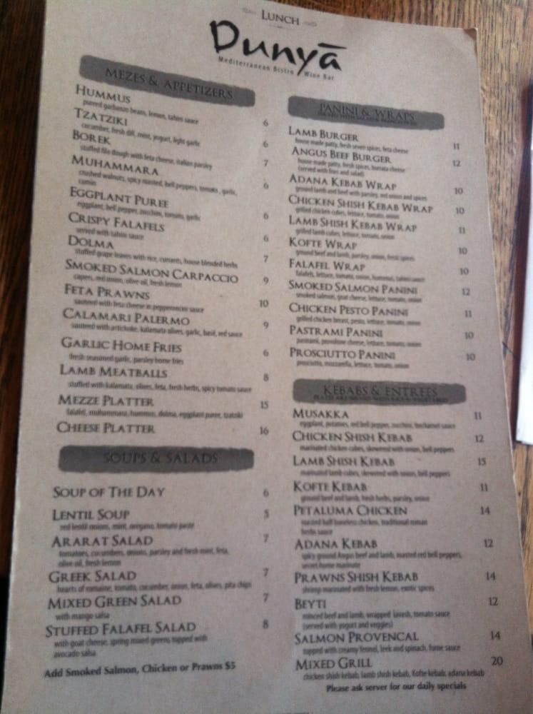 Menu at Dunyā Mediterranean Bistro & Wine Bar, San Francisco