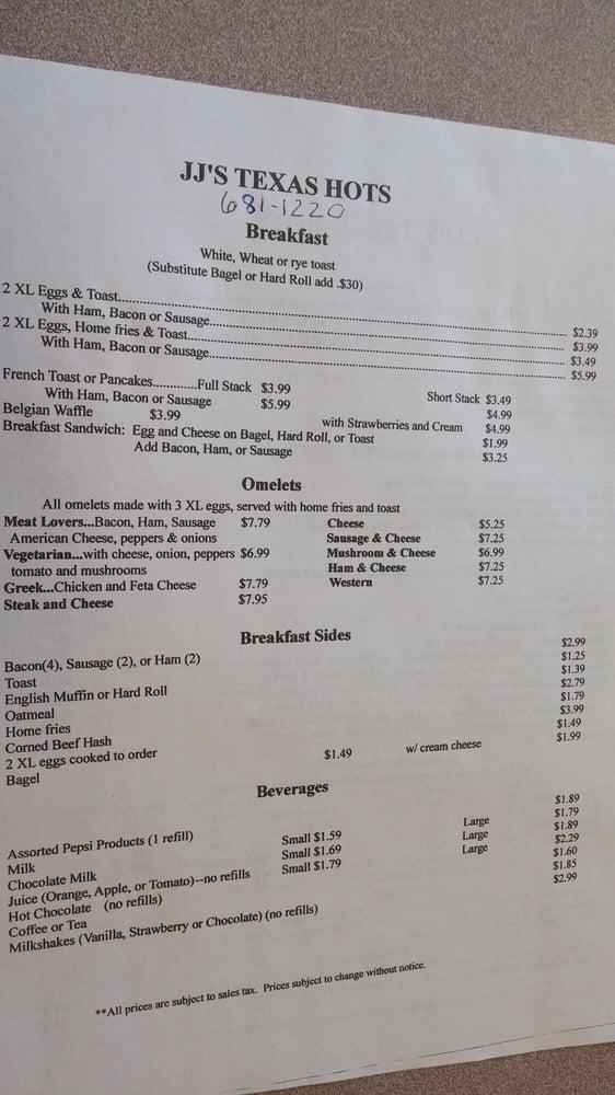 Menu at J J's Texas Hots restaurant, Cheektowaga, Union Rd