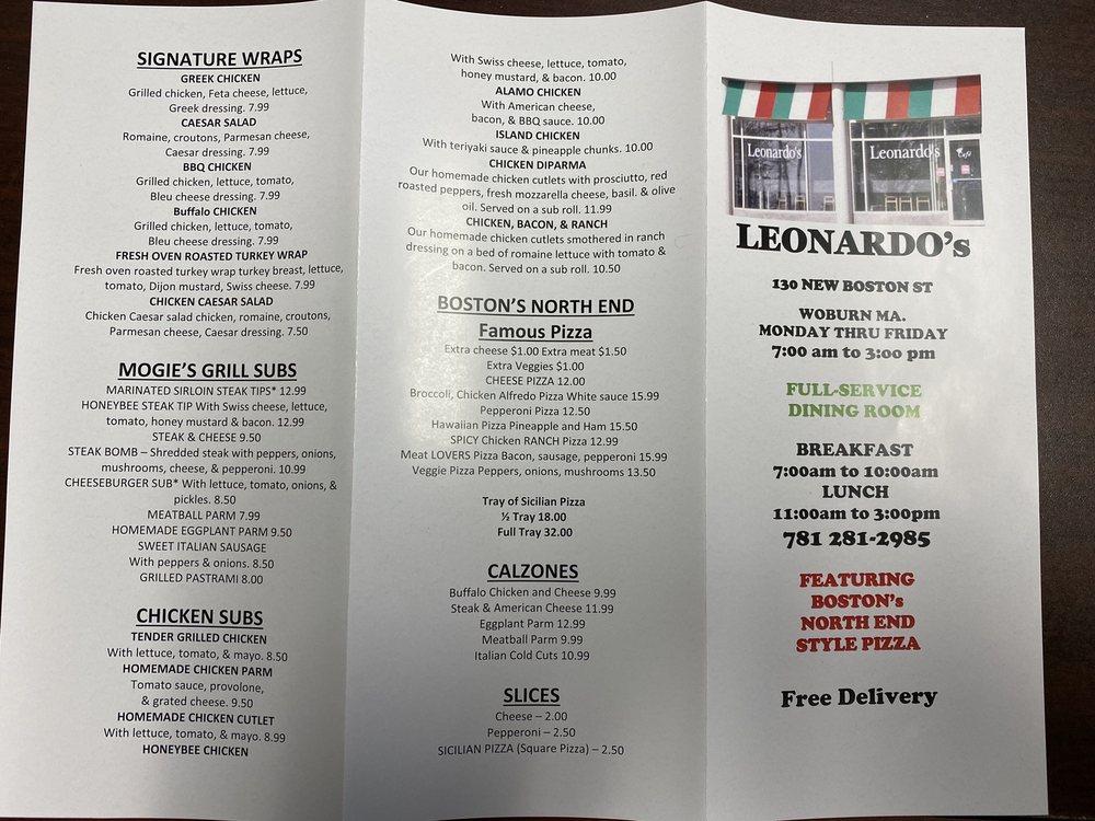 Menu at Leonardo's restaurant, Woburn