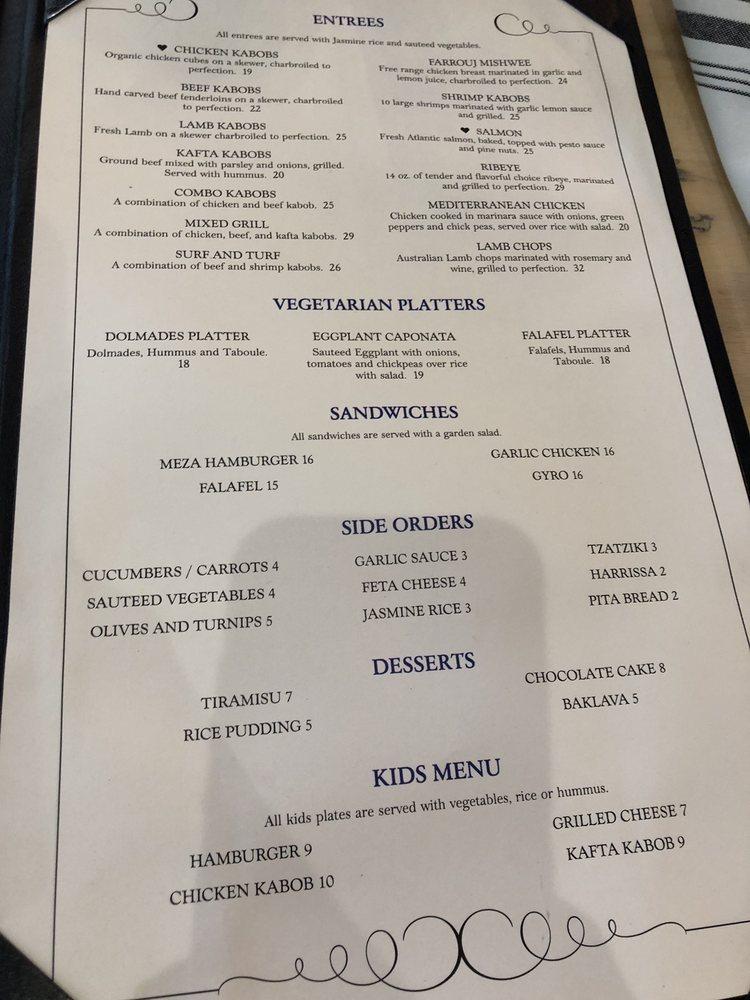 Menu at Meza Mediterranean Grill restaurant, Orlando, Jake St