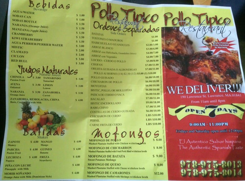 Menu at Pollo Tipico restaurant, Lawrence