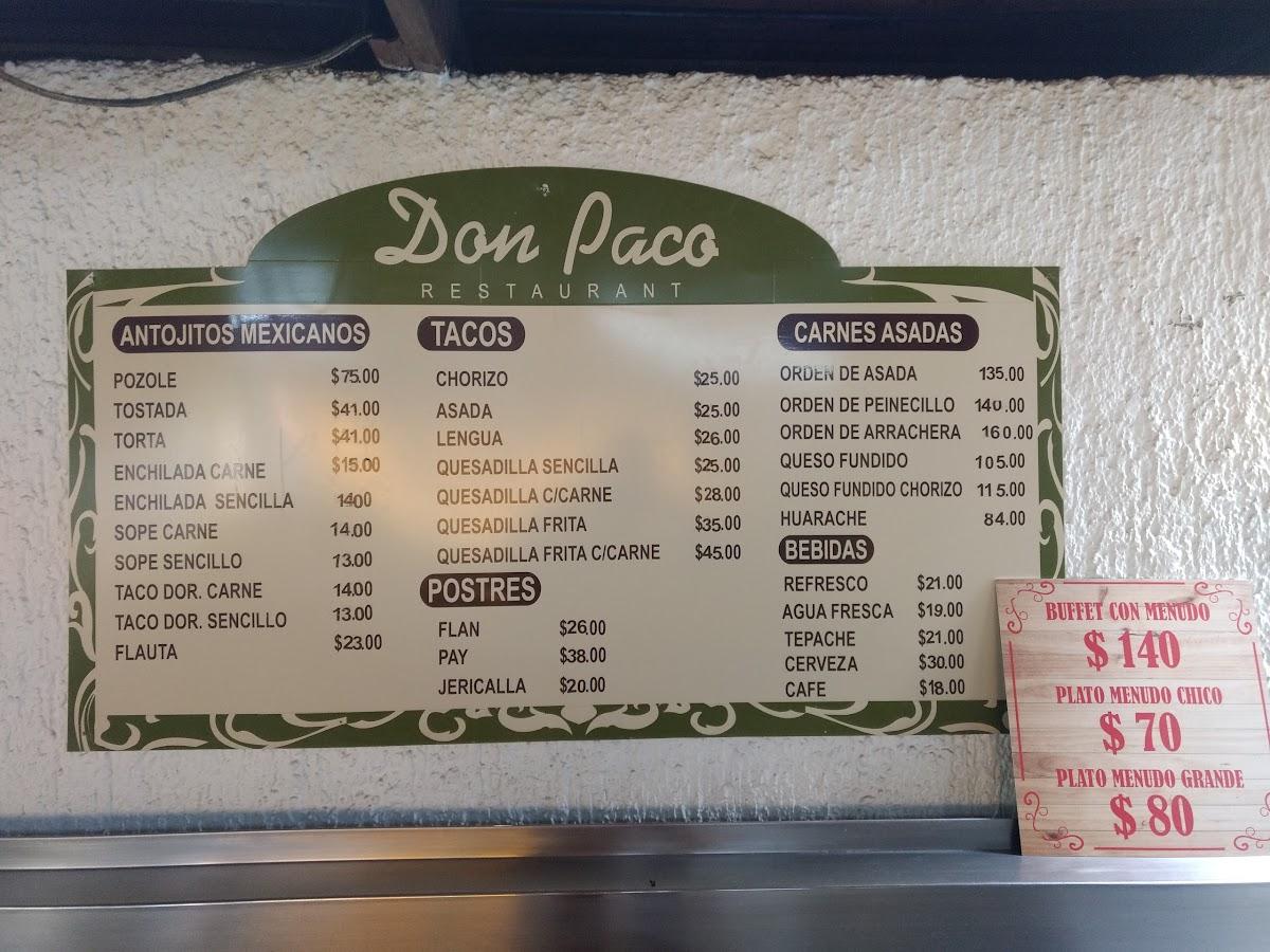 Carta de RESTAURANT DON PACO, Zapopan, Av. Nicolás Copérnico 3673
