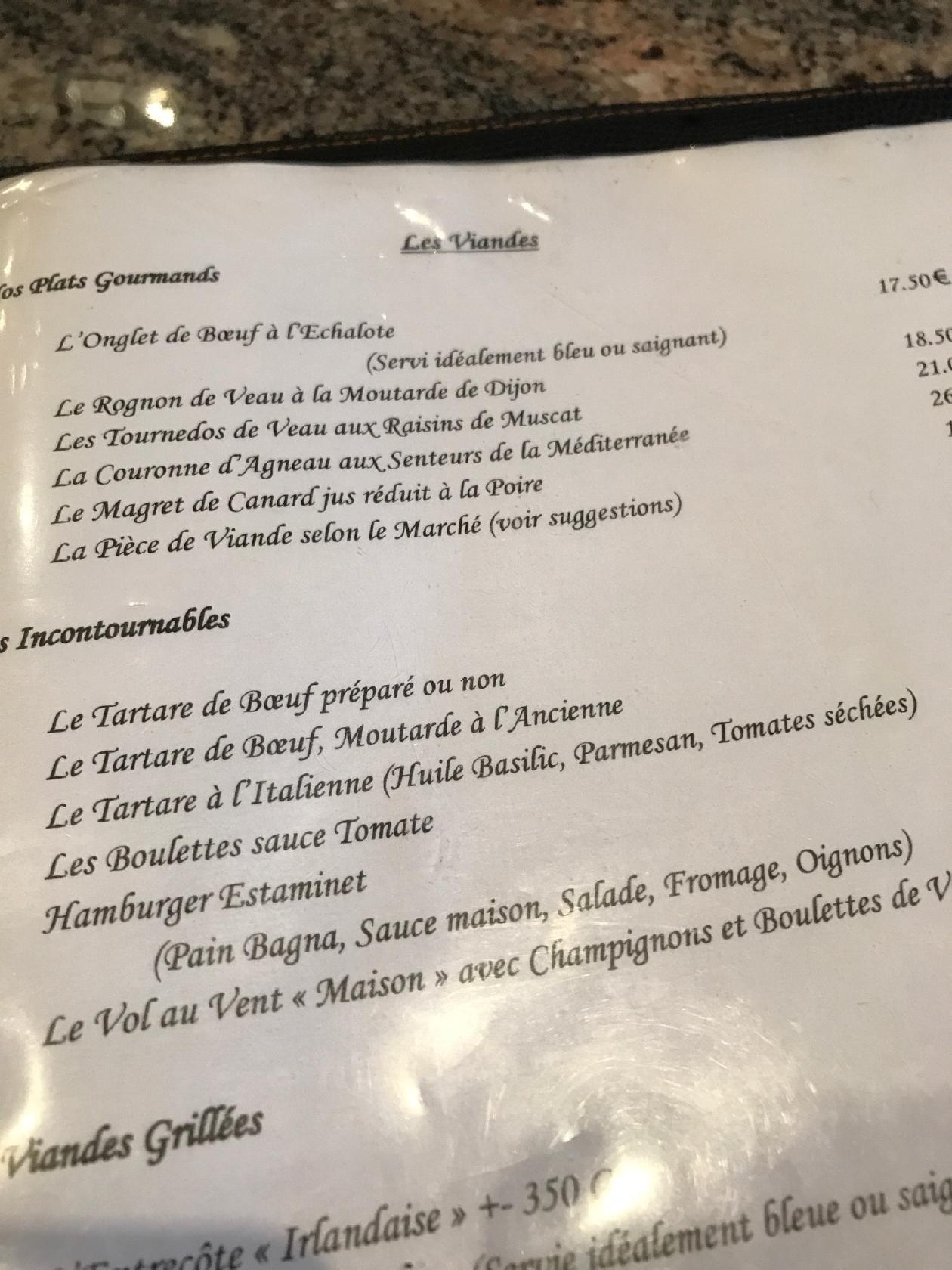 Menu au Resto L'Estaminet, Gembloux