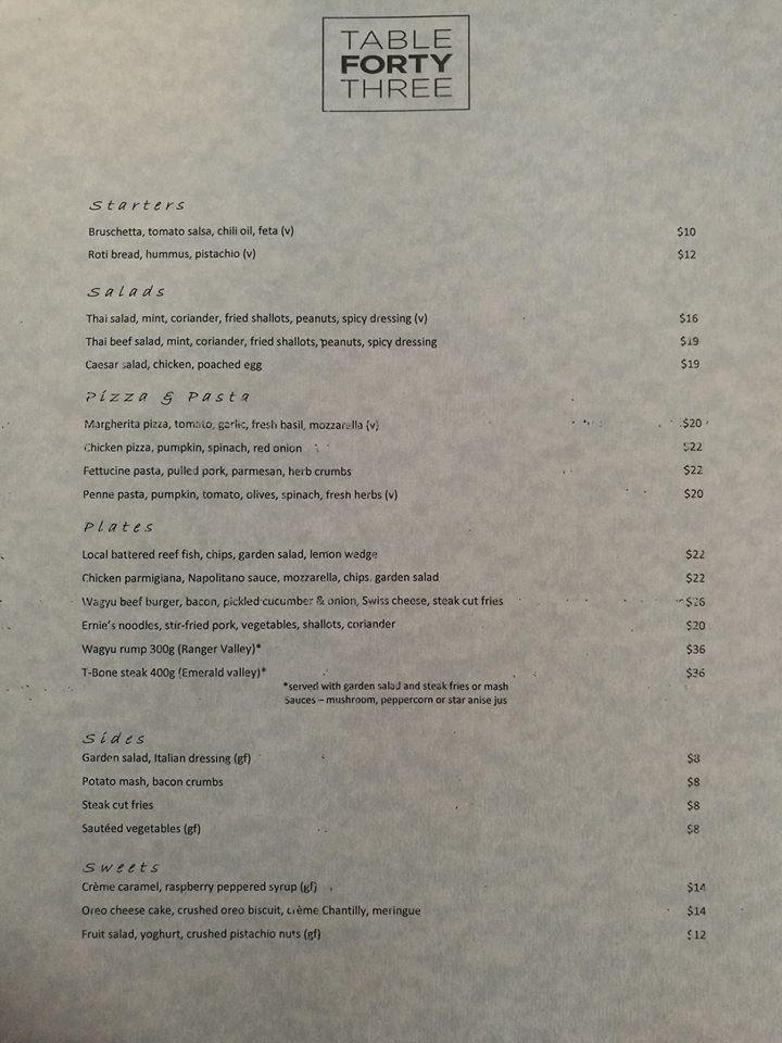 Menu at Table Forty Three restaurant, Darwin City