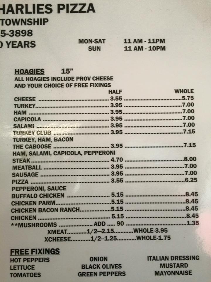 Menu at Choo Choo Charlie's pizzeria, USA