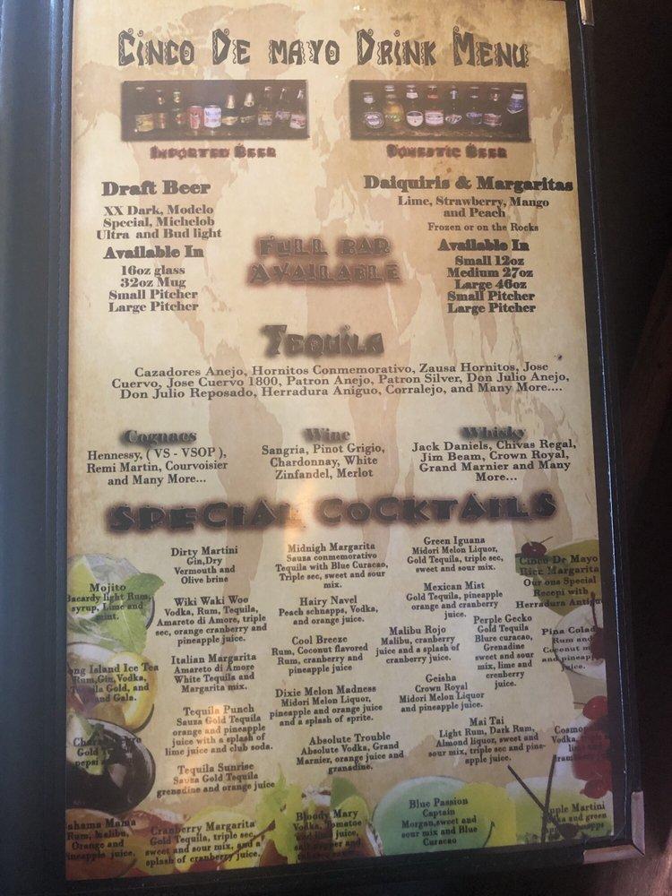 Menu at Cinco de Mayo Mexican Cuisine restaurant, Moncks Corner