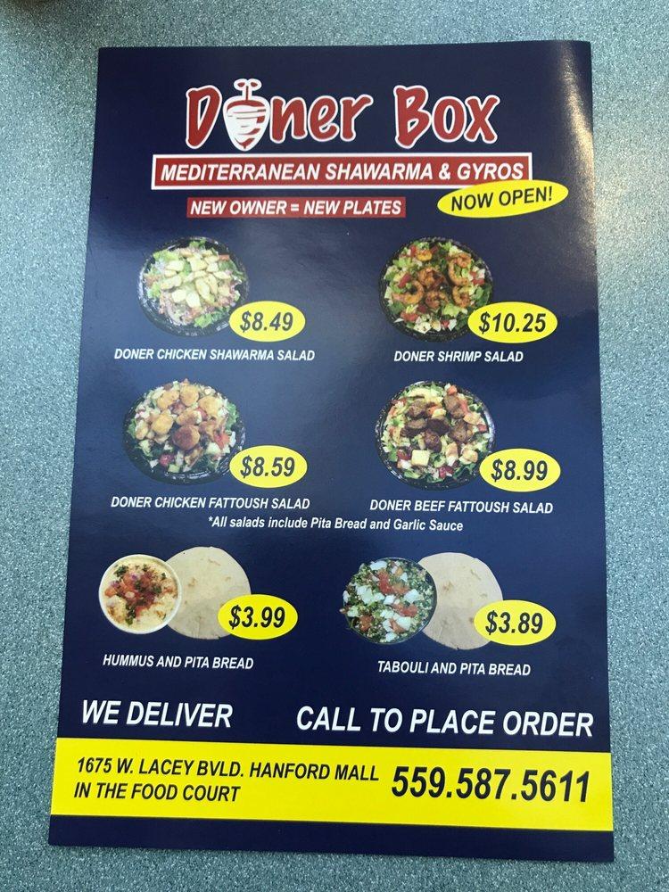 Menu at Doner Box restaurant, Hanford