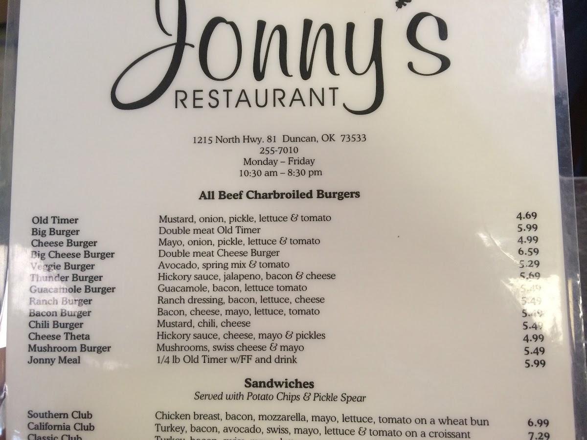 Menu at Jonny's At Oak Tree restaurant, Duncan
