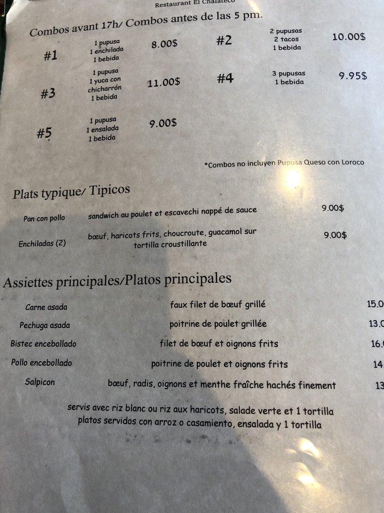 Menu at Restaurant El Chalateco, Montréal