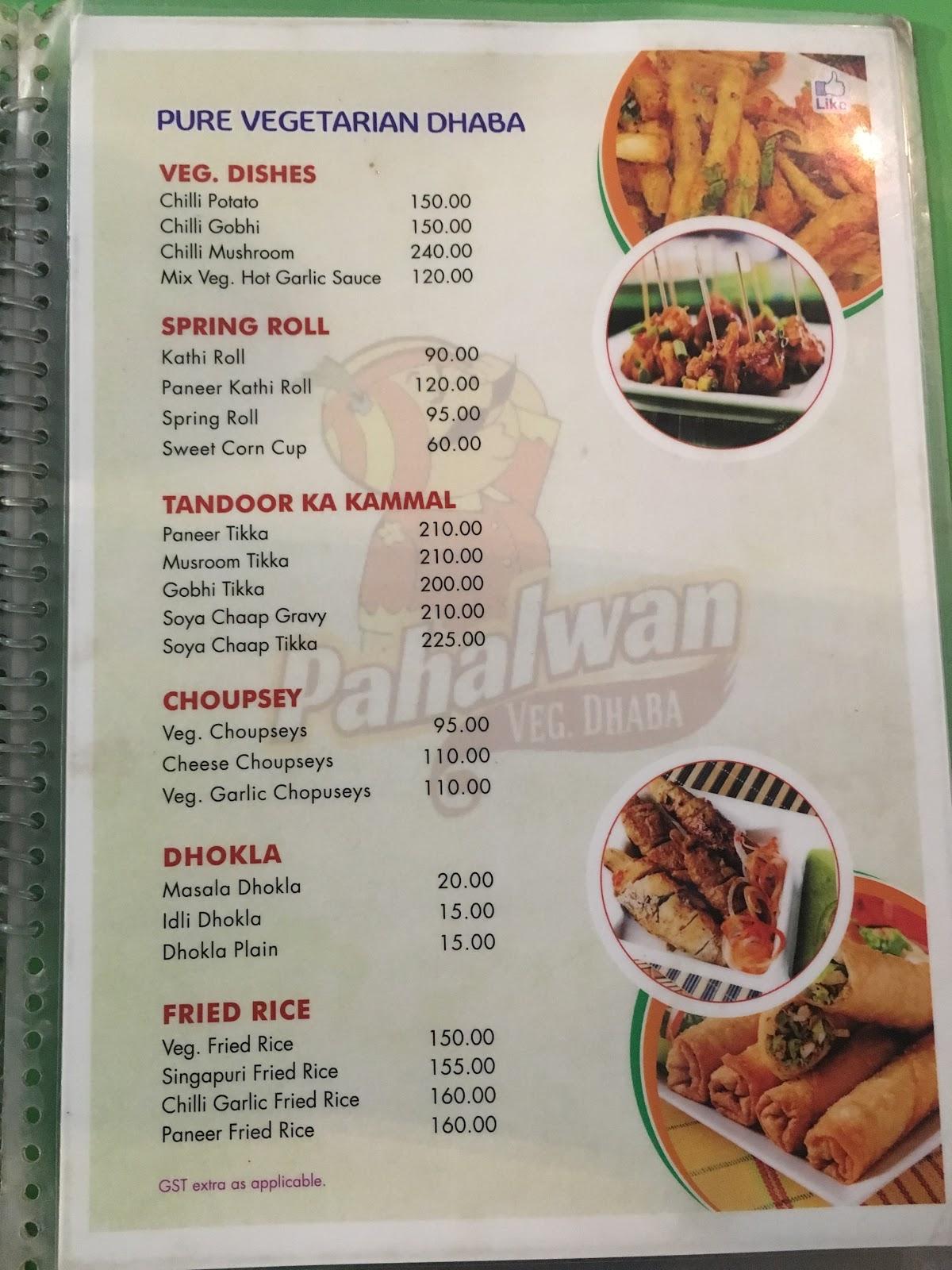Menu at Sindhu Pahalwan Dhaba, Murthal, 49 Milestone
