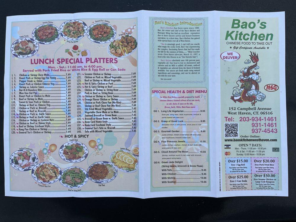 Menu at Bao's Chinese Kitchen restaurant, West Haven
